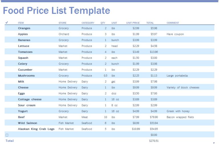 Food Price List Examples & Templates - Printable Samples