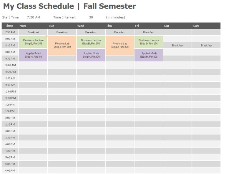11 Free Sample Class Schedule Templates - Printable Samples
