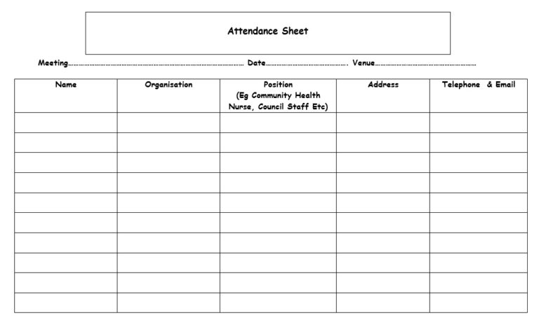 Editable Meeting Attendance Sheet Templates - Printable Samples