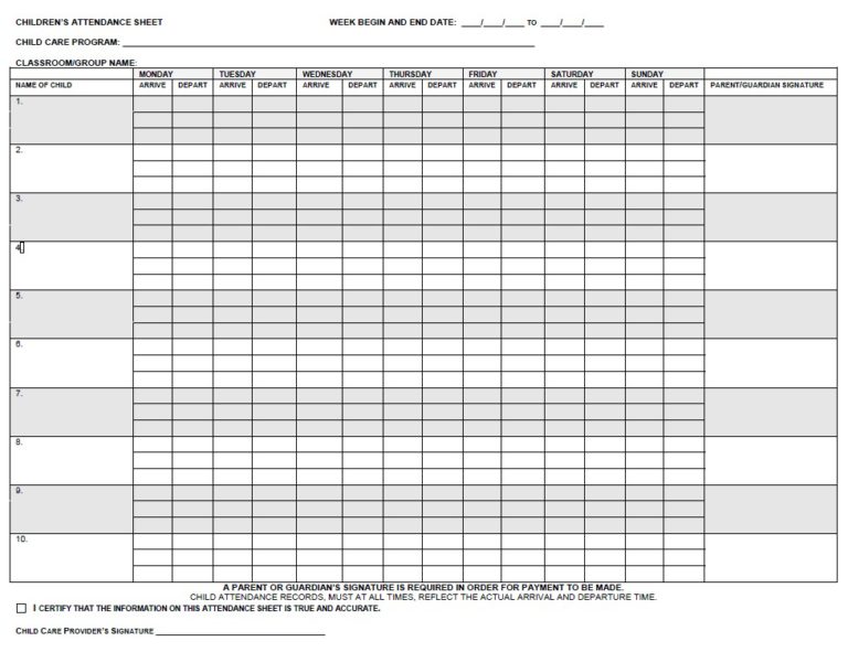 Editable Child Care Attendance Sheets & Templates - Printable Samples