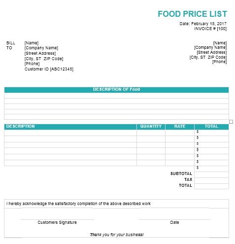 9 Free Sample Food Price List Templates - Printable Samples