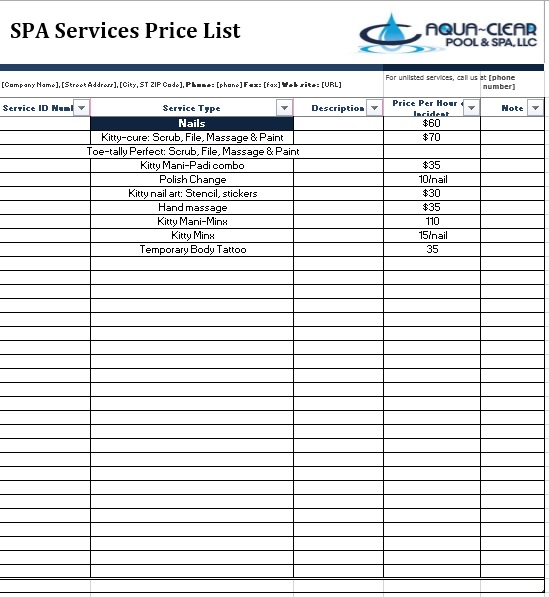 10 Free Sample Spa Price List Templates - Printable Samples