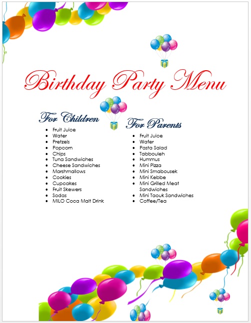 7 Free Sample Birthday Menu Templates Printable Samples