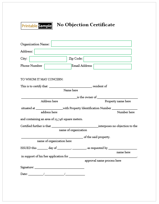 20 Free Sample No Objection Certificate Templates - Printable Samples