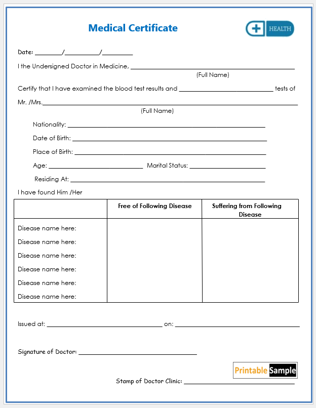18 Free Sample Medical Certificate Templates - Printable Samples