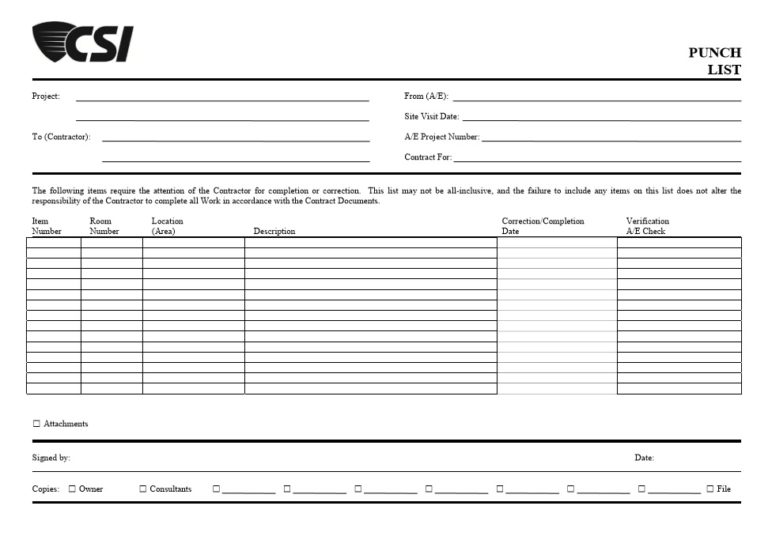 Construction Punch List Templates - Printable Samples