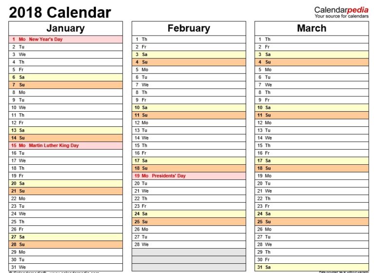 10 Free Sample Printable Calendar Templates for 2018 - Printable Samples