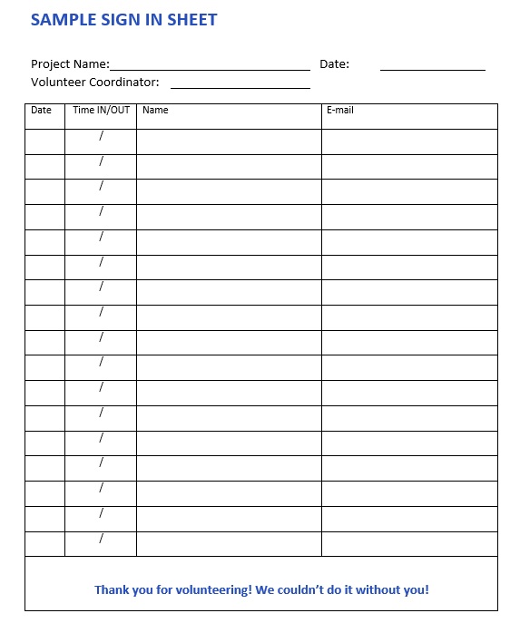 10 Free Sample Volunteer Sign in Sheet Templates - Printable Samples