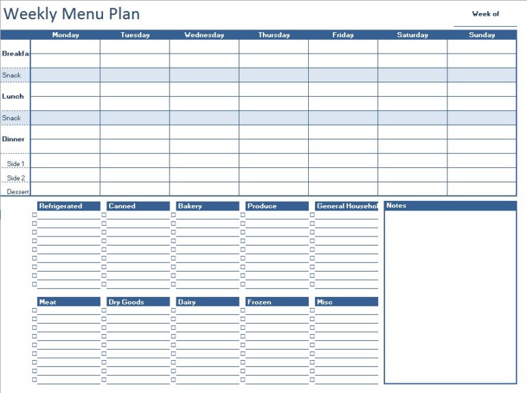 Menu Planner Sheets & Templates - Printable Samples