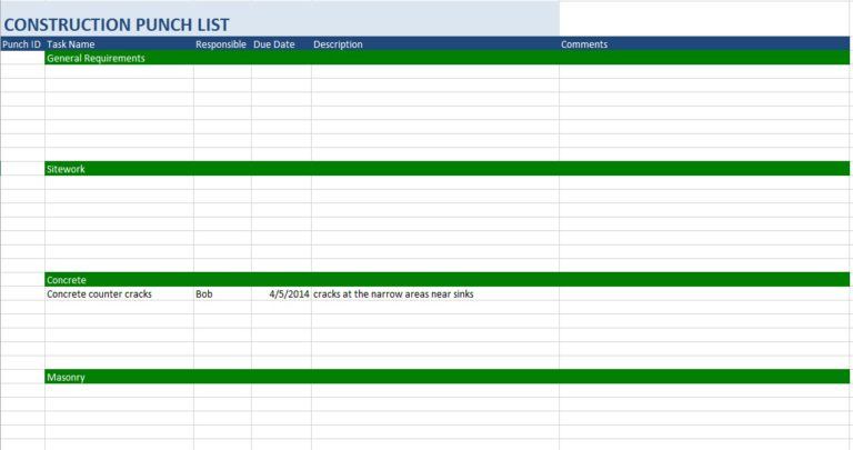 Construction Punch List Templates - Printable Samples