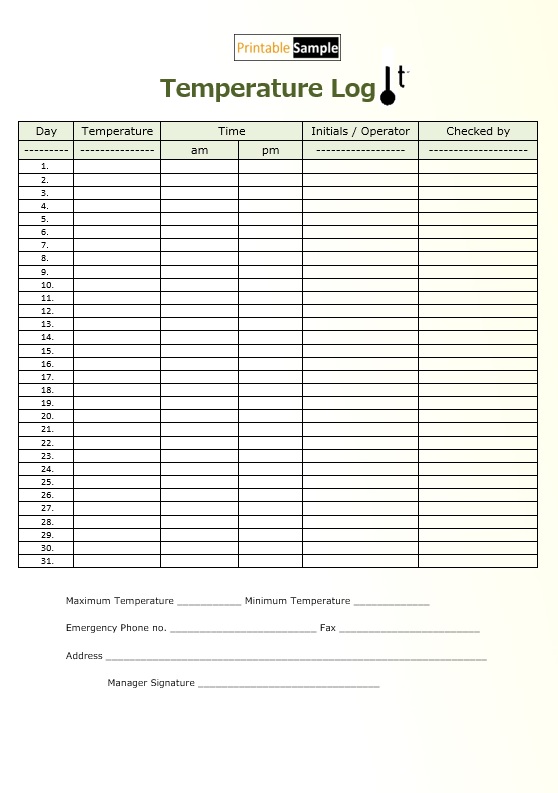 Printable Temperature And Humidity Log Template Printable Temperature And Humidity Log Template