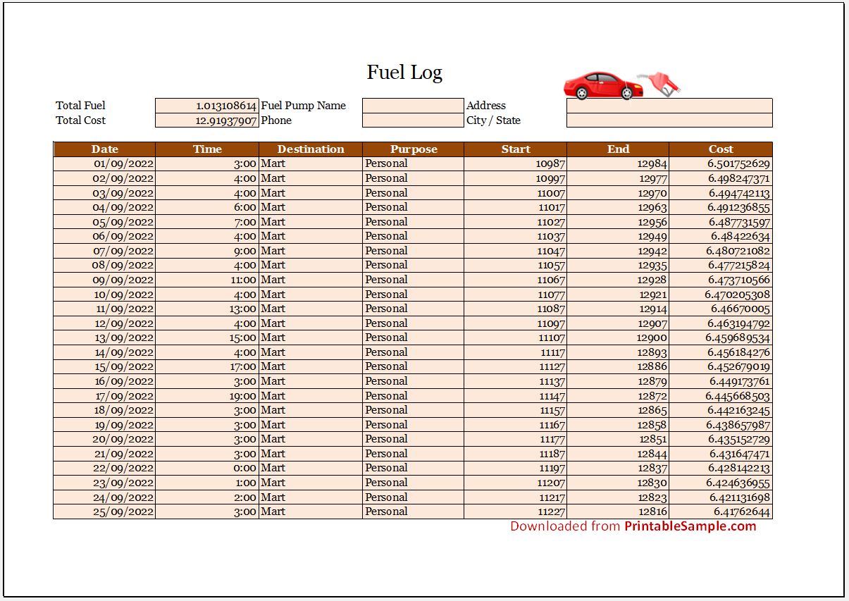 Fuel Log Sheet Template Printable Fuel Log Sheet Template Printable