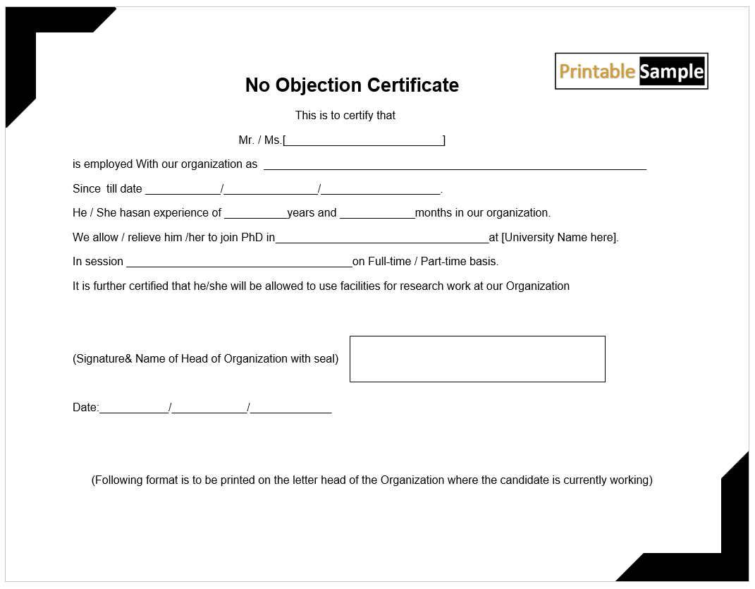 20 Free Sample No Objection Certificate Templates - Printable Samples