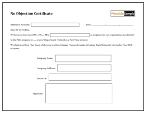 20 Free Sample No Objection Certificate Templates - Printable Samples