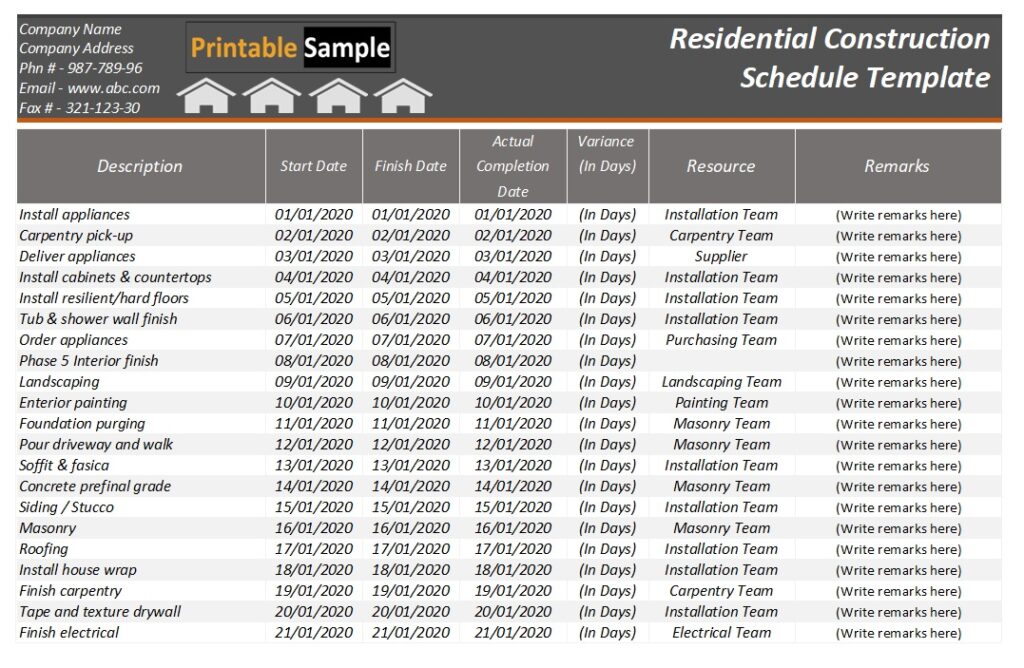 Construction Project Schedule/Planner Templates - Printable Samples
