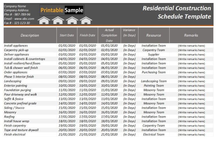 Construction Project Schedule/Planner Templates - Printable Samples