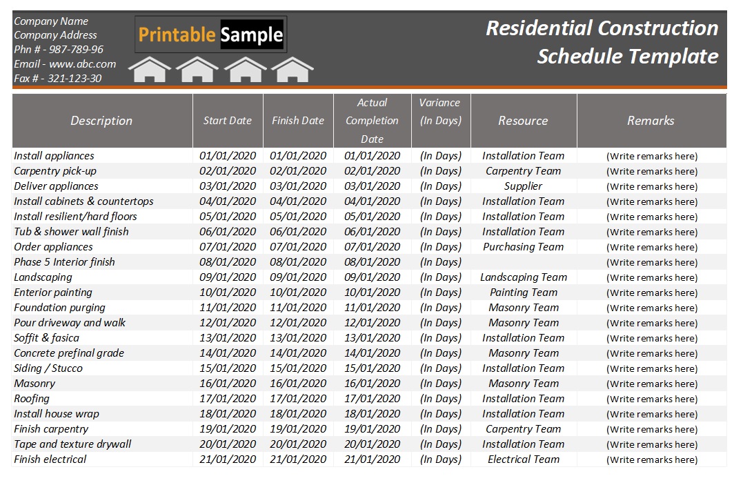 10 Free Construction Project Schedule Templates - Printable Samples