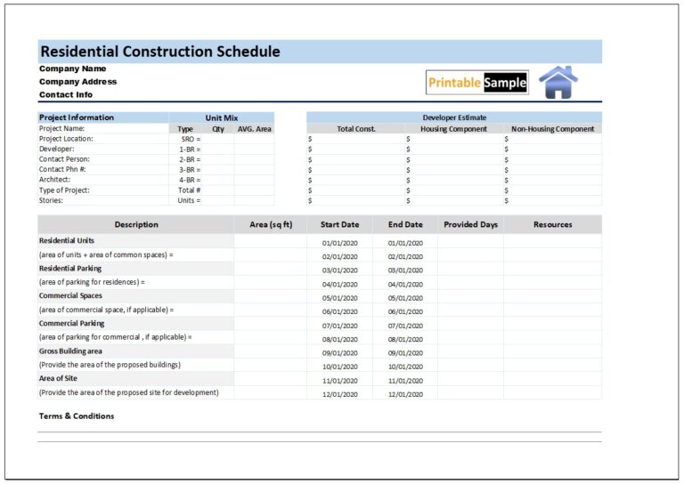 Construction Project Schedule/Planner Templates - Printable Samples