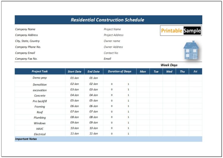 Construction Project Schedule/Planner Templates - Printable Samples