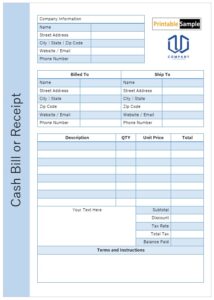 Cash Bill or Receipt Templates - Printable Samples