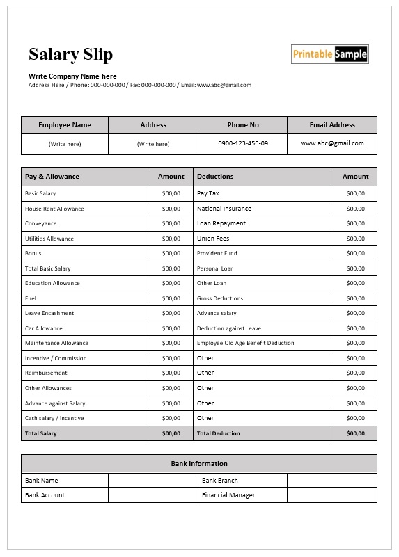10 Free Salary Slip Templates - Printable Samples