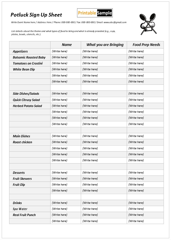 10 Free Potluck Sign Up Sheet Templates - Printable Samples