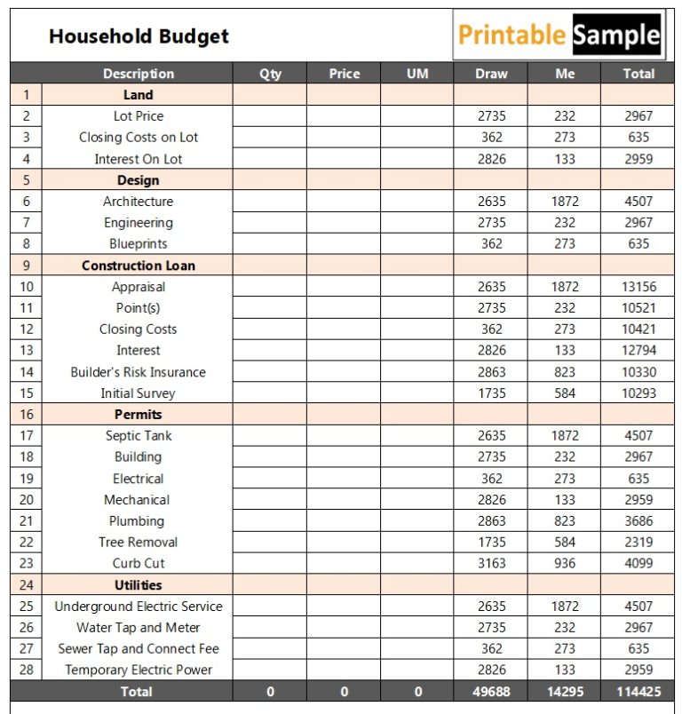 10 Free House Building Budget Templates in MS Excel - Printable Samples