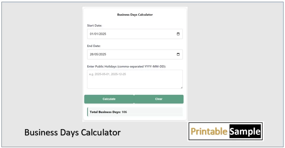 Business Days Calculator - Printable Samples